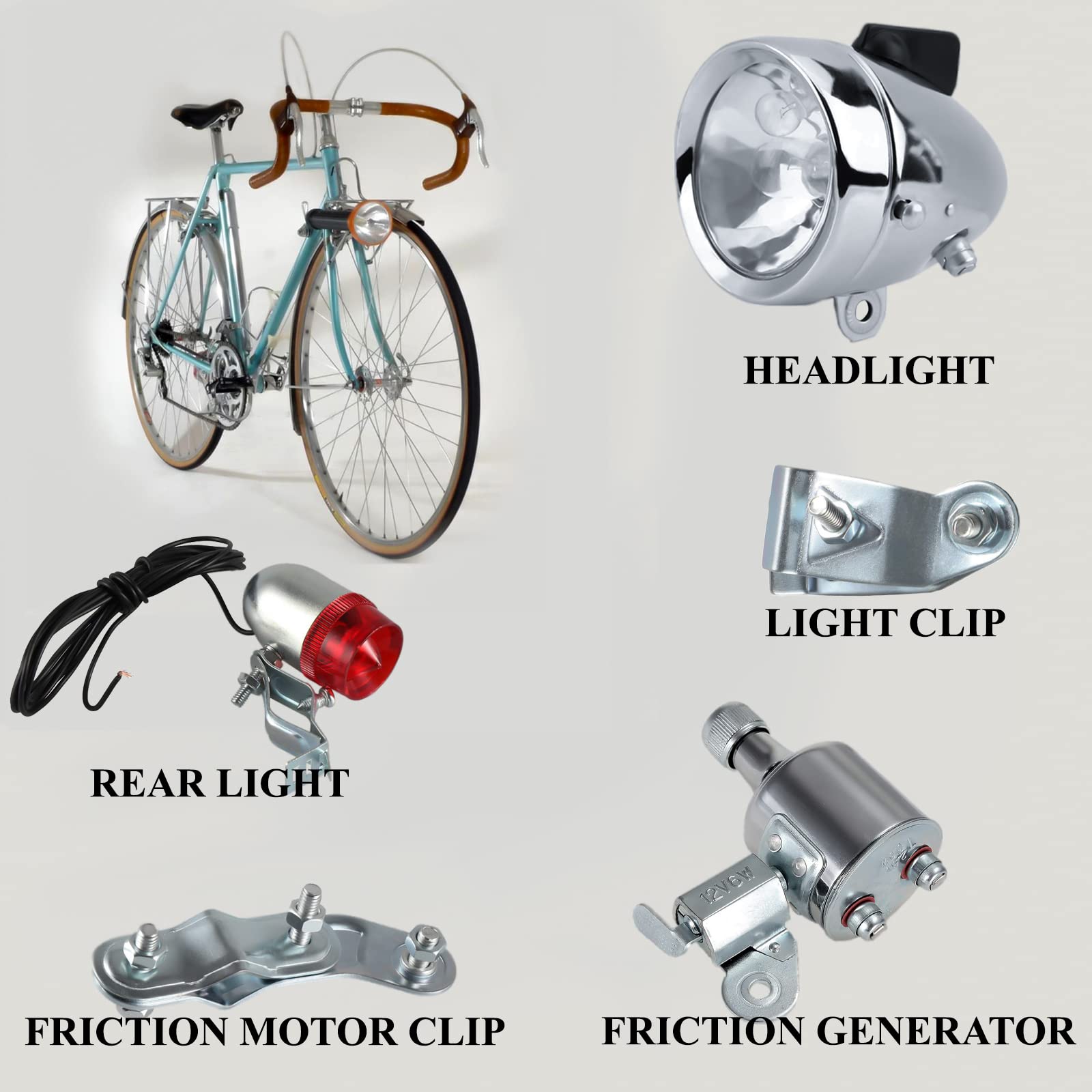 AXITRON Bicycle Motorized Bike Friction Generator Dynamo Head Tail Light Kit 12V 6W