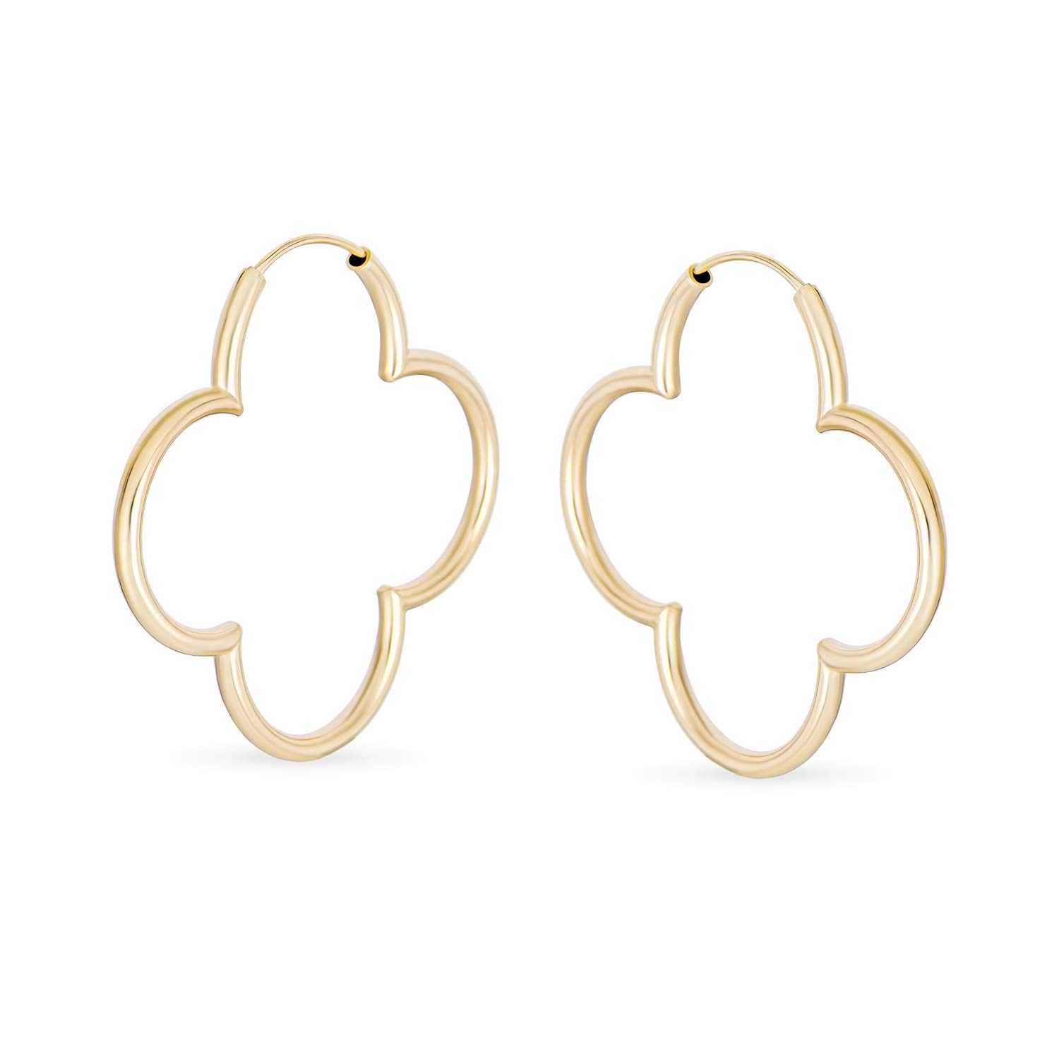 Clover Flower Shaped Thin Tube Endless Hoop Earrings For Women Polished 14K Gold Plated .925 Sterling Silver 1.5 In