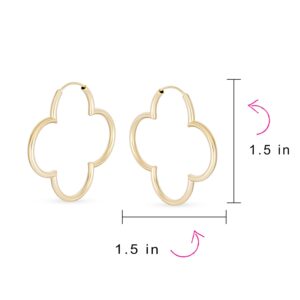 Clover Flower Shaped Thin Tube Endless Hoop Earrings For Women Polished 14K Gold Plated .925 Sterling Silver 1.5 In