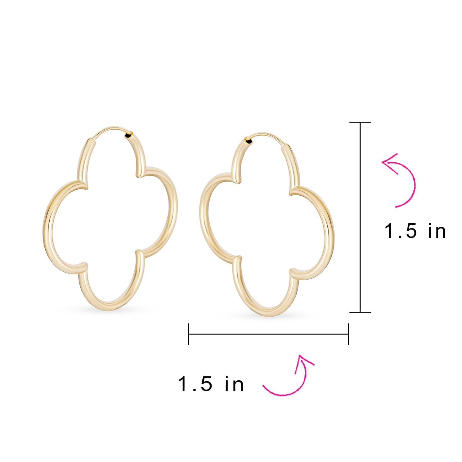 Clover Flower Shaped Thin Tube Endless Hoop Earrings For Women Polished 14K Gold Plated .925 Sterling Silver 1.5 In