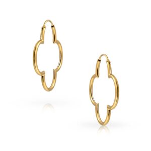 Clover Flower Shaped Thin Tube Endless Hoop Earrings For Women Polished 14K Gold Plated .925 Sterling Silver 1.5 In