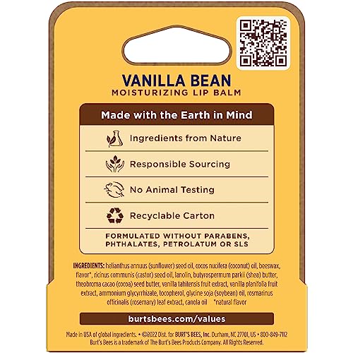 Burt's Bees Vanilla Bean Lip Balm, Lip Moisturizer With Responsibly Sourced Beeswax, Tint-Free, Natural Conditioning Lip Treatment, 1 Tube, 0.15 oz.