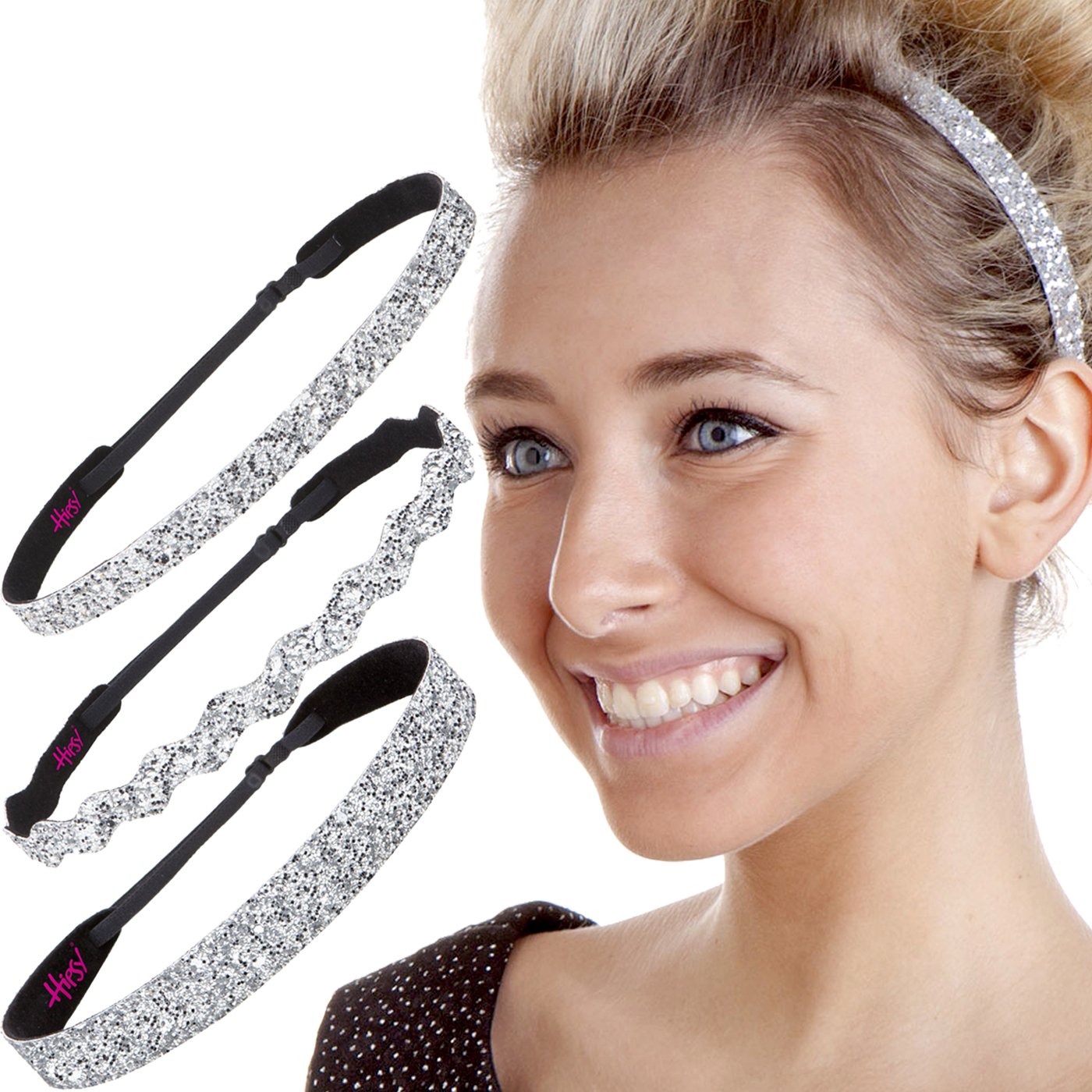 Hipsy Women's Adjustable NO SLIP Bling Glitter Headband Mixed 3pk (Silver)