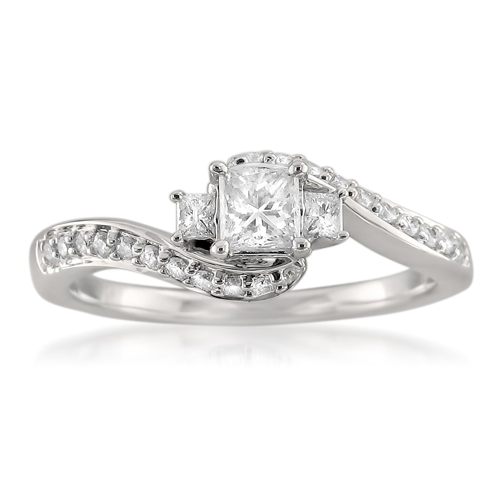 Beyond Brilliance 1/2 Carat Diamond, Prong-Set 14K White Gold Three-Stone Princess Cut & Round Diamond Engagement Ring (I-J, I1-I2)