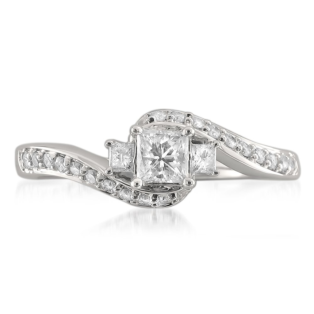 Beyond Brilliance 1/2 Carat Diamond, Prong-Set 14K White Gold Three-Stone Princess Cut & Round Diamond Engagement Ring (I-J, I1-I2)