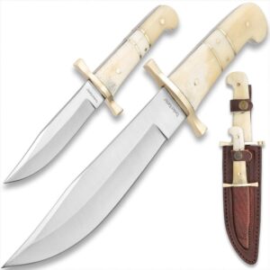 timber rattler 2-piece bowie knife set | stainless steel blades | two-piece fixed blade set | camel bone handles | leather twin sheath | for outdoors and hunting | for everyday use | 12" and 8" overall