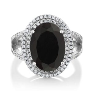 gemstoneking 6.44 carat 14x10mm oval natural genuine black onyx women's ring solid 925 sterling silver cocktail ring , black and white , (size 9)