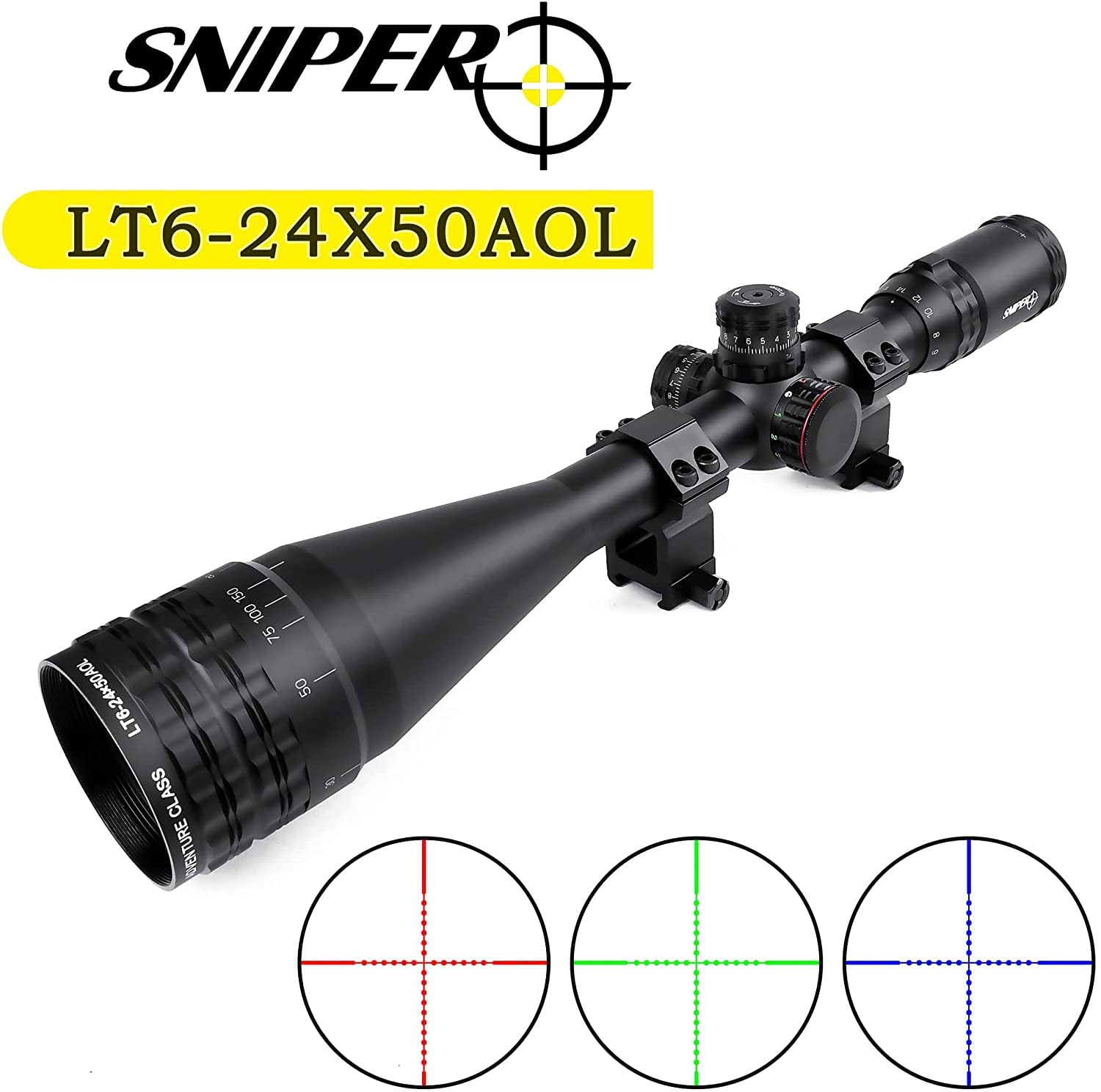 Hunting Rifle Scope R/G/B Illuminated Riflescope, Adjustable Objective (LT6-24X50)