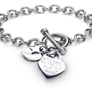 Pearlina Charms Bracelet Heart Toggle I Love You To The Moon and Back Stainless Steel Chain 7.5"