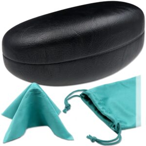 myeyeglasscase hard sunglasses case - large glasses case in smooth rich black - eyeglass case hard shell fits large to extra large curved sunglasses with microfiber pouch & cloth (as413 black2)