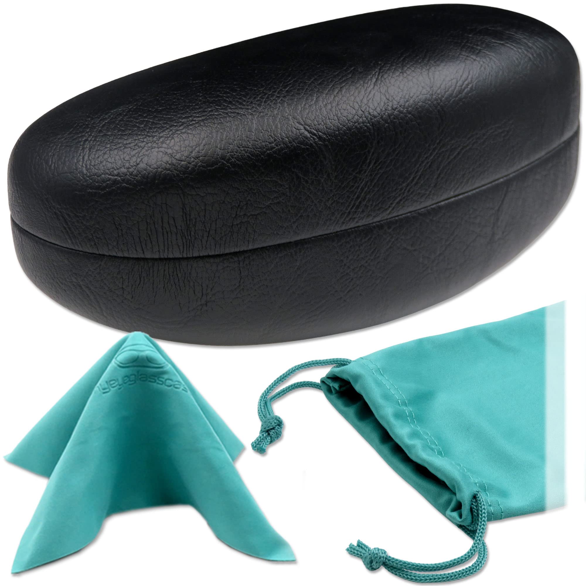 MyEyeglassCase Hard Sunglasses Case - Large Glasses case in Smooth Rich Black - Eyeglass Case Hard shell fits Large to Extra Large curved Sunglasses with microfiber Pouch & Cloth (AS413 Black2)