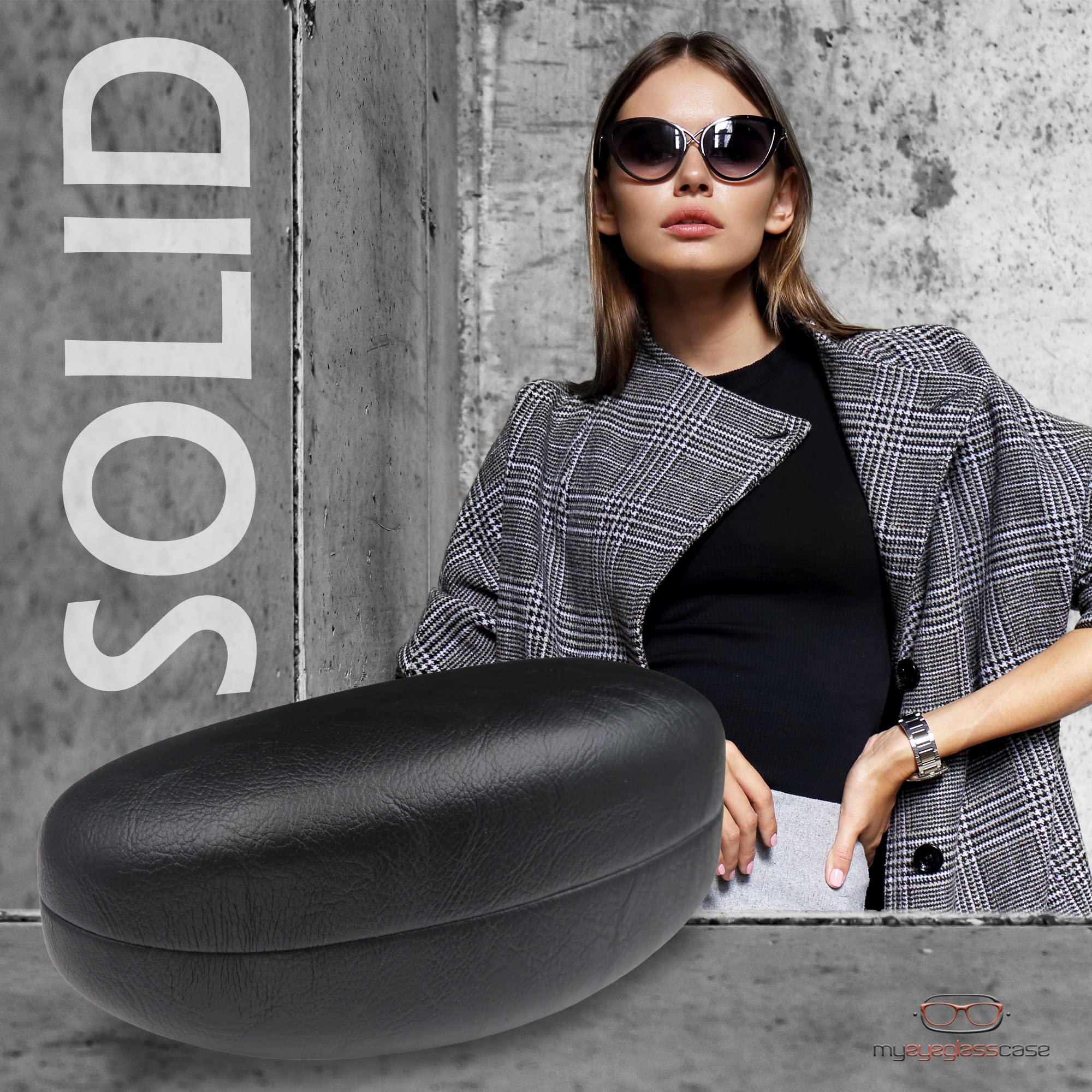 MyEyeglassCase Hard Sunglasses Case - Large Glasses case in Smooth Rich Black - Eyeglass Case Hard shell fits Large to Extra Large curved Sunglasses with microfiber Pouch & Cloth (AS413 Black2)