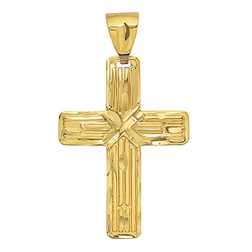 The Bling Factory Large 32mm x 45mm 14k Gold Plated Striated Textured Cross Pendant,