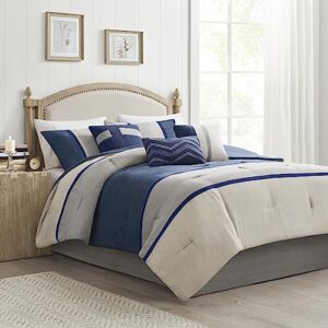 madison park palisades comforter set modern faux suede pieced stripe design, all season down alternative cozy bedding with matching shams, decorative pillows, cal king(104"x92"), blue 7 piece