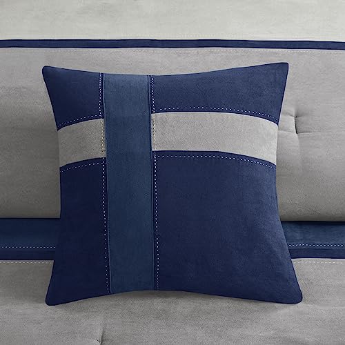 Madison Park Palisades Comforter Set Modern Faux Suede Pieced Stripe Design, All Season Down Alternative Cozy Bedding with Matching Shams, Decorative Pillows, Cal King(104"x92"), Blue 7 Piece