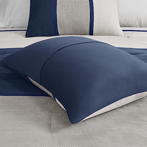 Madison Park Palisades Comforter Set Modern Faux Suede Pieced Stripe Design, All Season Down Alternative Cozy Bedding with Matching Shams, Decorative Pillows, Cal King(104"x92"), Blue 7 Piece