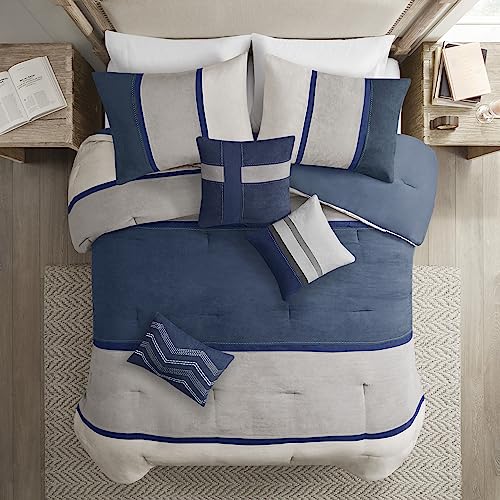 Madison Park Palisades Comforter Set Modern Faux Suede Pieced Stripe Design, All Season Down Alternative Cozy Bedding with Matching Shams, Decorative Pillows, Cal King(104"x92"), Blue 7 Piece