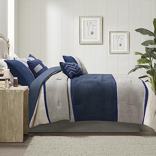 Madison Park Palisades Comforter Set Modern Faux Suede Pieced Stripe Design, All Season Down Alternative Cozy Bedding with Matching Shams, Decorative Pillows, Cal King(104"x92"), Blue 7 Piece