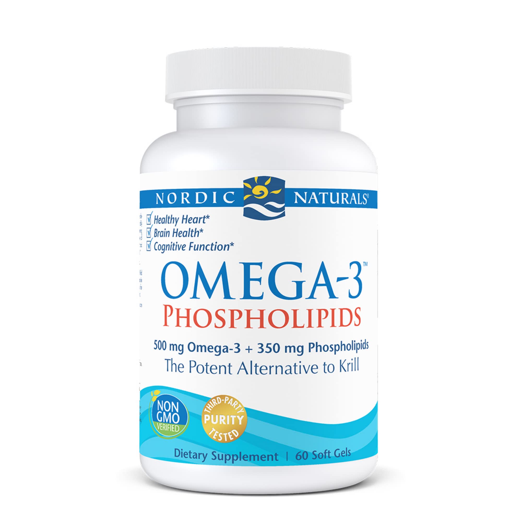 Nordic Naturals Omega-3 Phospholipids, Unflavored - 60 Soft Gels - 500 mg Omega-3 & 350 mg Phospholipids - Heart & Brain Health - Small, Easy-to-Swallow Soft Gels - Non-GMO - 30 Servings