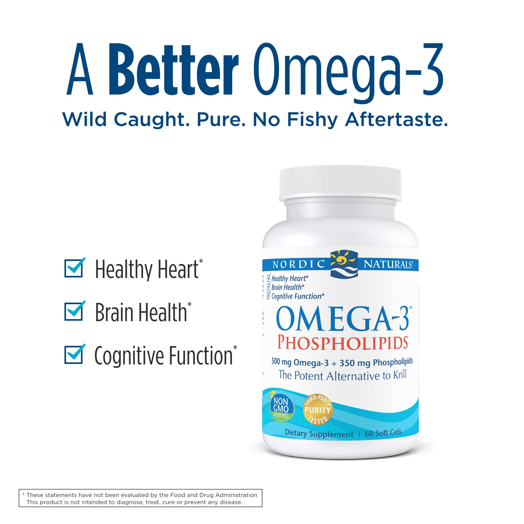 Nordic Naturals Omega-3 Phospholipids, Unflavored - 60 Soft Gels - 500 mg Omega-3 & 350 mg Phospholipids - Heart & Brain Health - Small, Easy-to-Swallow Soft Gels - Non-GMO - 30 Servings