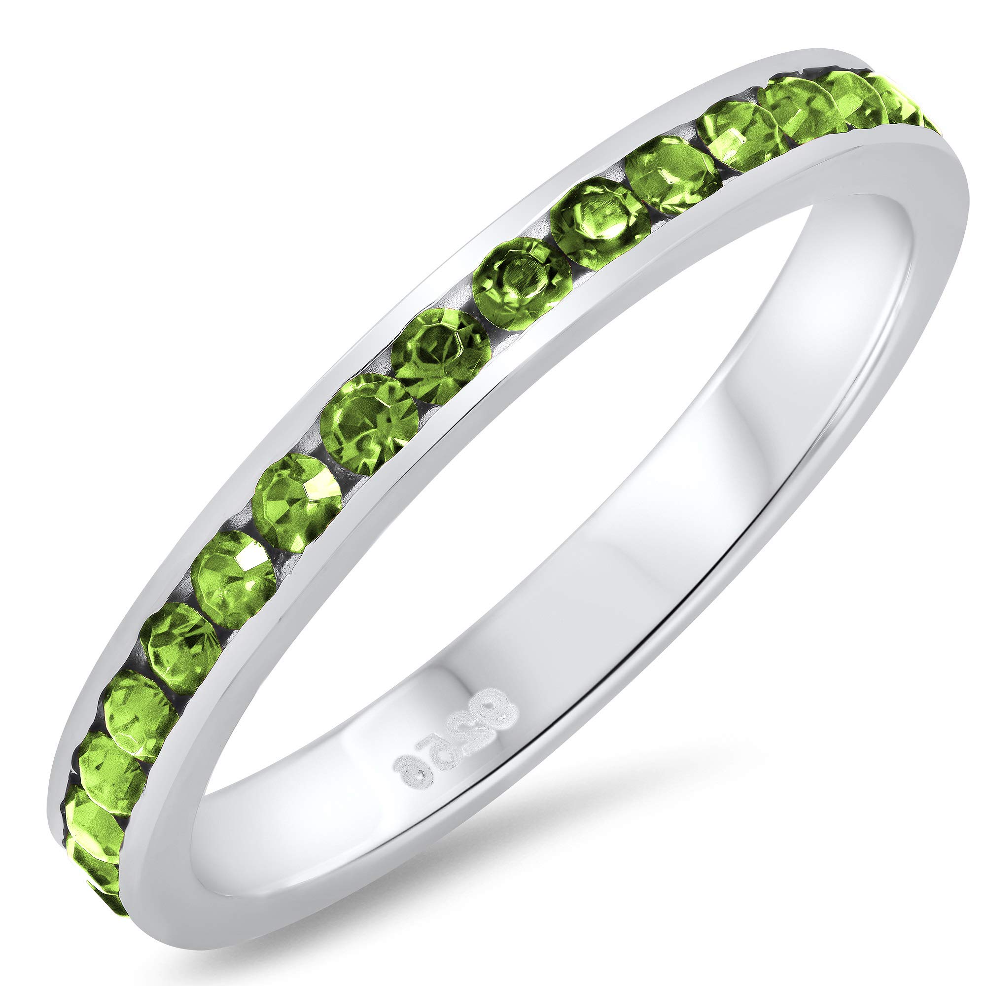 Sterling Silver Italian Crafted Simulated Peridot Green CZ 3mm Eternity Band, Size 9.5 + Cleaning Cloth