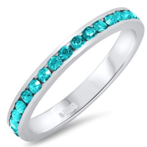 925 sterling silver italian crafted 3mm simulated blue topaz cz eternity band, size 8.5 + cleaning cloth