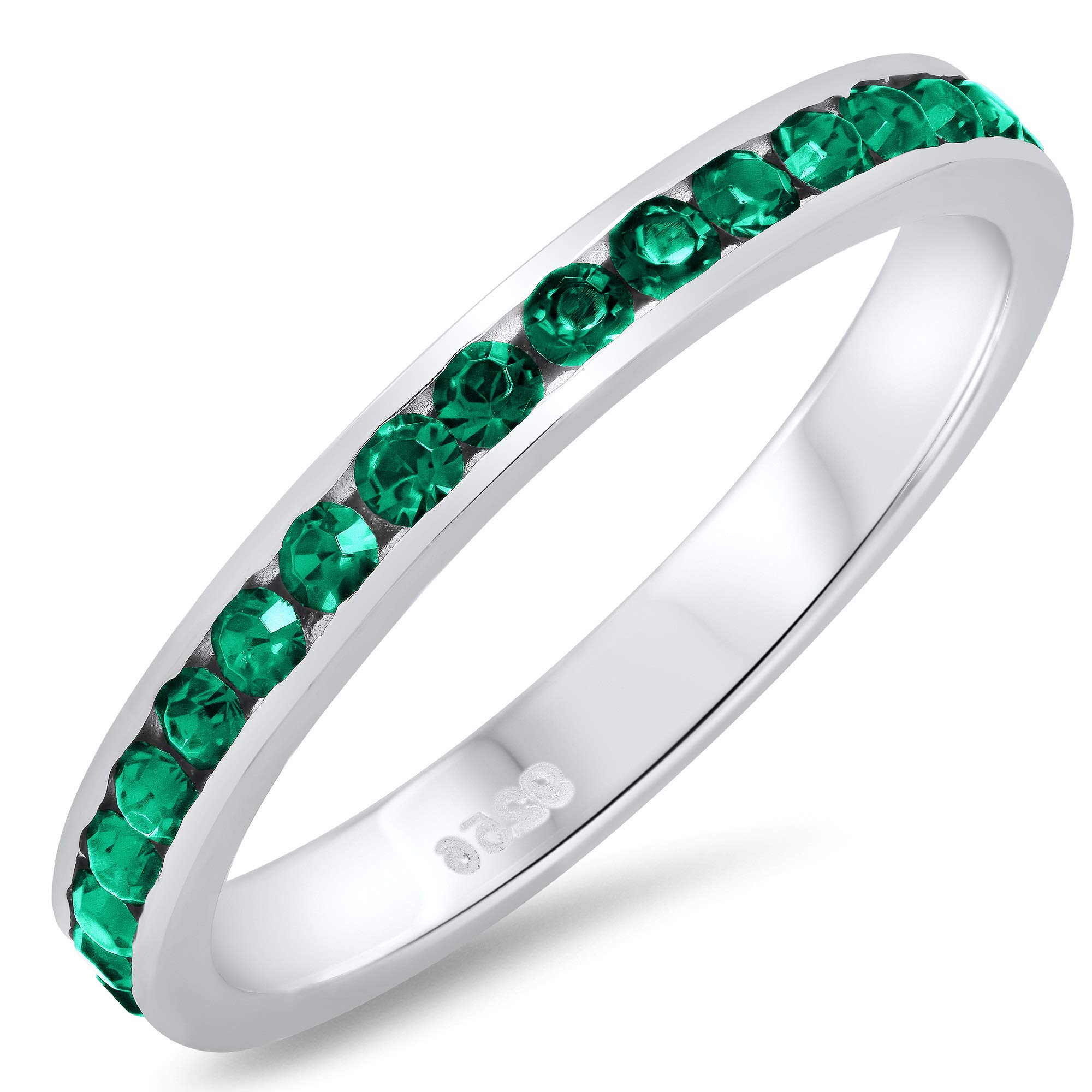 Sterling Silver Italian Crafted 3mm Simulated Emerald Green CZ Eternity Band, Size 5 + Cleaning Cloth