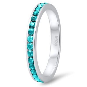 925 Sterling Silver Italian Crafted 3mm Simulated Blue Topaz CZ Eternity Band, Size 8.5 + Cleaning Cloth