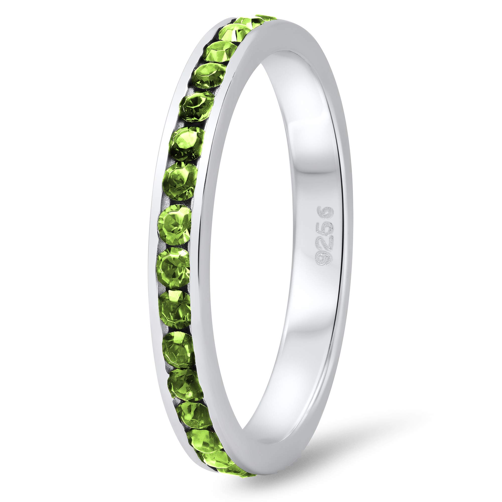 Sterling Silver Italian Crafted Simulated Peridot Green CZ 3mm Eternity Band, Size 9.5 + Cleaning Cloth