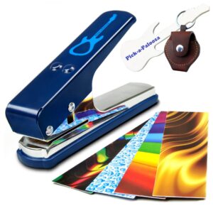 pick-a-palooza diy guitar pick punch gift pack - the premium guitar pick maker - includes leather key chain pick holder, 4 pick strips and a pick file - blue