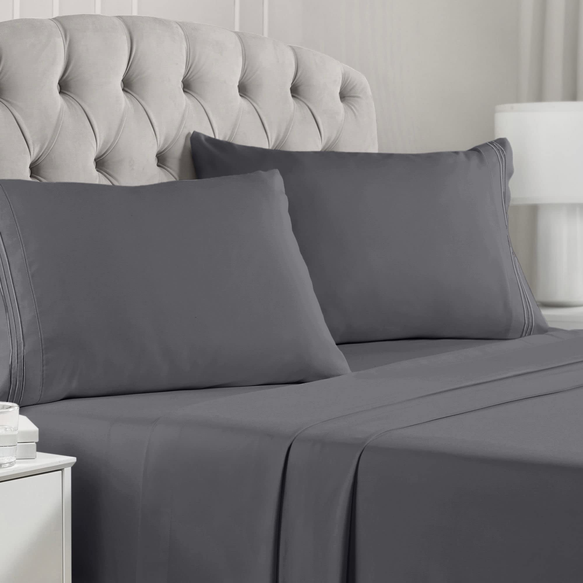 Mellanni King Sheets Set - 4 PC Iconic Collection Bedding Sheets & Pillowcases - Hotel Luxury, Extra Soft, Cooling Bed Sheets - Deep Pocket up to 16 inch (King, Gray)