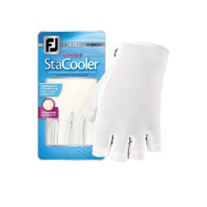 footjoy women's stacooler sport golf glove, white medium/large, worn on left hand