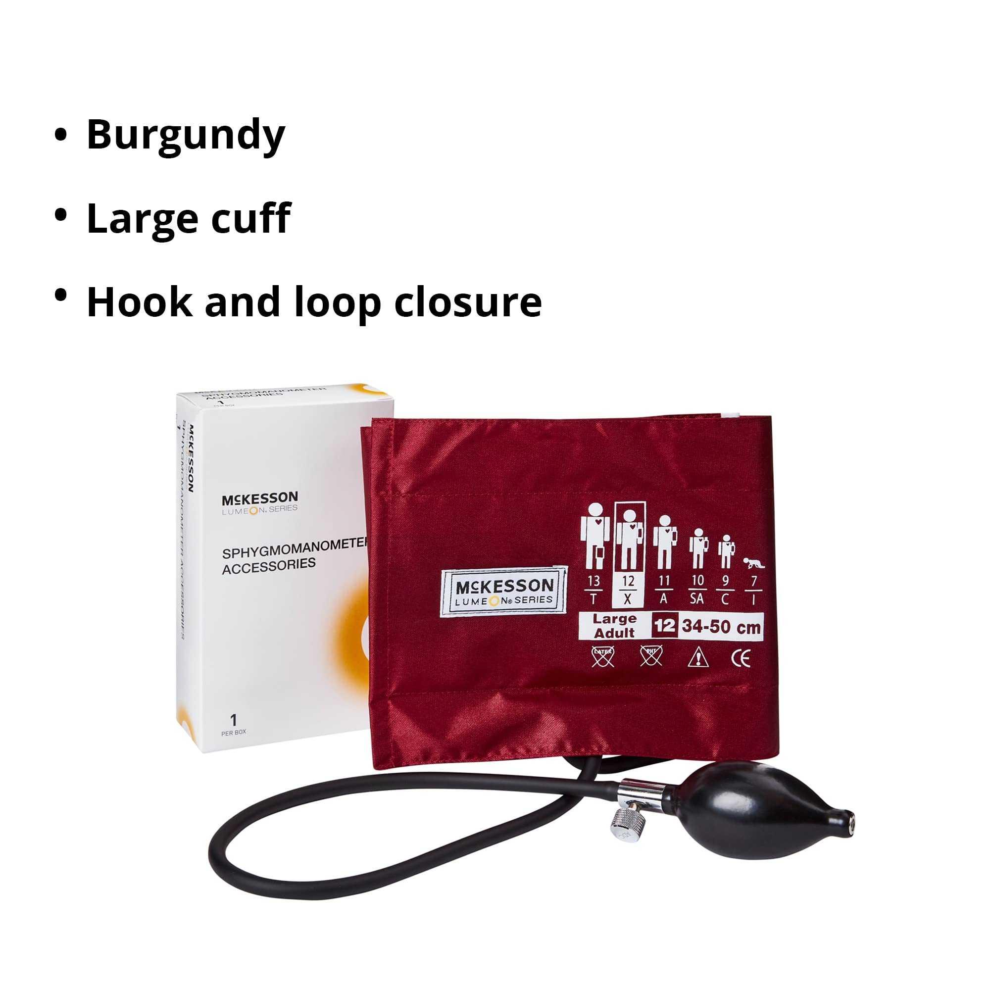 McKesson LUMEON Replacement Blood Pressure Cuff with Bulb and Valve, Nylon Cuff, 2-Tube Bladder, Burgundy, Adult Large, Gauge Not Included, 1 Count