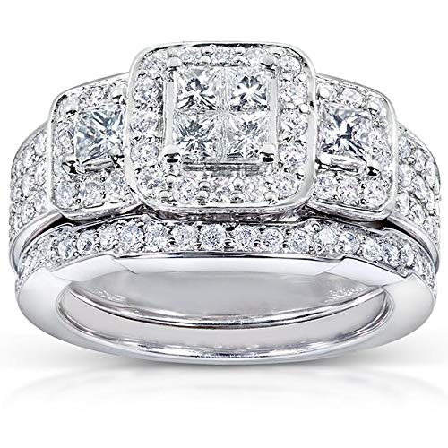 Kobelli Princess Diamond Wedding Ring Set 1 1/6 carat (ctw) in 14k White Gold, Size 8, White Gold