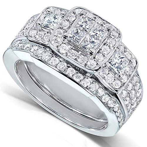 Kobelli Princess Diamond Wedding Ring Set 1 1/6 carat (ctw) in 14k White Gold, Size 8, White Gold