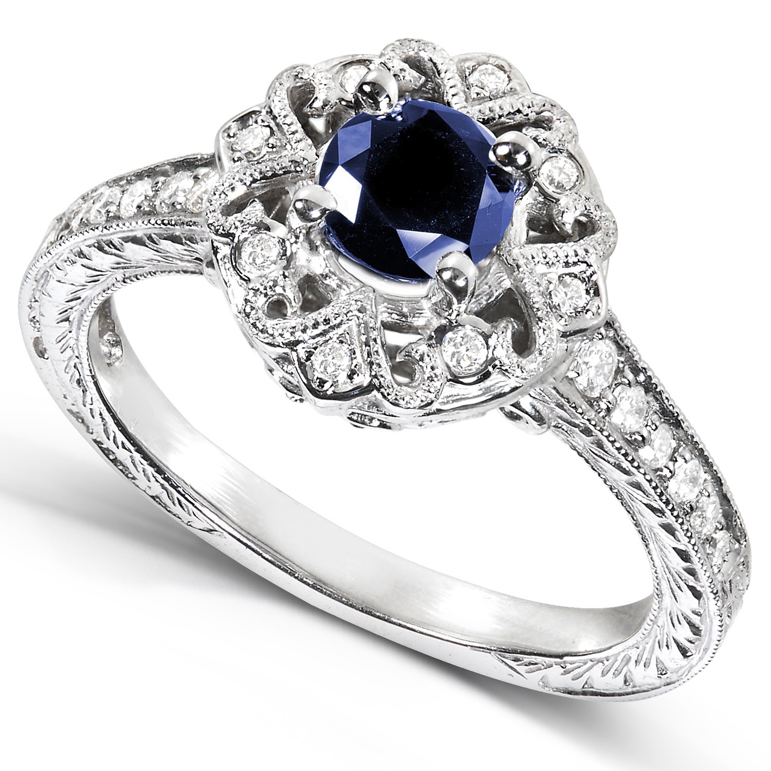 Kobelli Antique Style Round-cut Sapphire and Diamond Engagement Ring 3/4 Carat (ctw) in 14k White Gold, Size 10