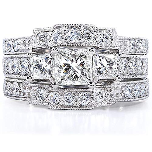 Kobelli Princess Diamond Wedding Ring Set 1 7/8 carats (ctw) in 14K White Gold (3 Piece Set), Size 8.5, White Gold