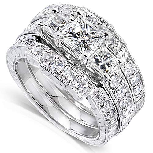 Kobelli Princess Diamond Wedding Ring Set 1 7/8 carats (ctw) in 14K White Gold (3 Piece Set), Size 8.5, White Gold