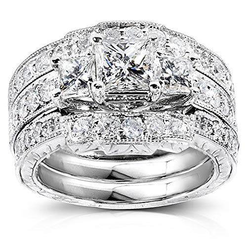 Kobelli Princess Diamond Wedding Ring Set 1 7/8 carats (ctw) in 14K White Gold (3 Piece Set), Size 8.5, White Gold