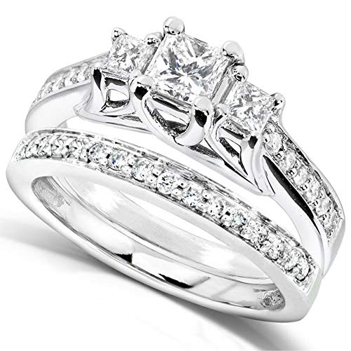 Kobelli Three-Stone Diamond Engagement Ring and Wedding Band Set 4/5 carat (ctw) in 14k White Gold, Size 7, White Gold