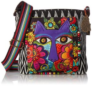 laurel burch 138199 crossbody 13.5"x4"x10", blossoming feline,blk/wht/pur