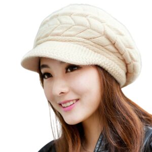 hindawi women winter warm knit hat wool snow caps with visor, beige