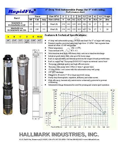 Hallmark Industries MA0343X-4 Deep Well Submersible Pump, 1/2 hp, 110V, 60 Hz, 25 GPM, 150' Head, Stainless Steel, 4"