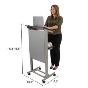 Stand Up Desk Store Mobile Adjustable Height Rolling Lectern Podium with Heavy Duty Steel Frame (Silver Frame/Dark Walnut Shelves, 25.5" Wide)