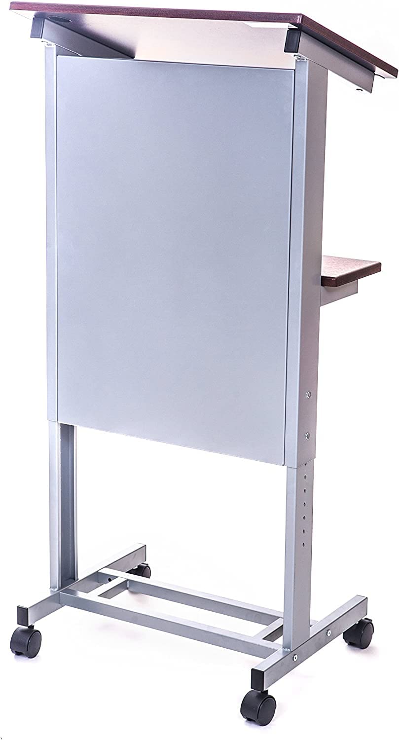 Stand Up Desk Store Mobile Adjustable Height Rolling Lectern Podium with Heavy Duty Steel Frame (Silver Frame/Dark Walnut Shelves, 25.5" Wide)