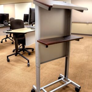 Stand Up Desk Store Mobile Adjustable Height Rolling Lectern Podium with Heavy Duty Steel Frame (Silver Frame/Dark Walnut Shelves, 25.5" Wide)