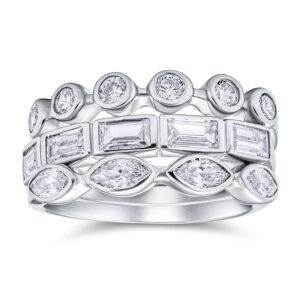 3 set geometric cubic zirconia baguette marquise round cz stackable wedding band ring set for women .925 sterling silver