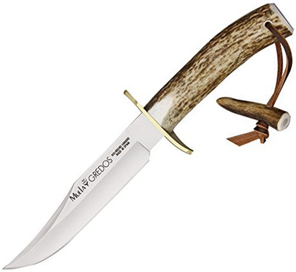 MUELA GRED-16 Genuine Stag Horn Handle Hunting Knife with Leather Sheath, gold