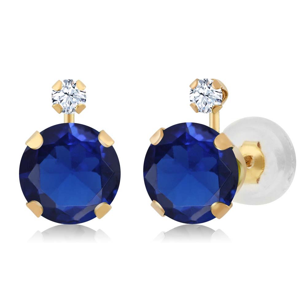 Gem Stone King 14K Yellow Gold Blue and White Created Sapphire Jewelry Earrings For Women (2.08 Cttw, Round 6MM+2MM)