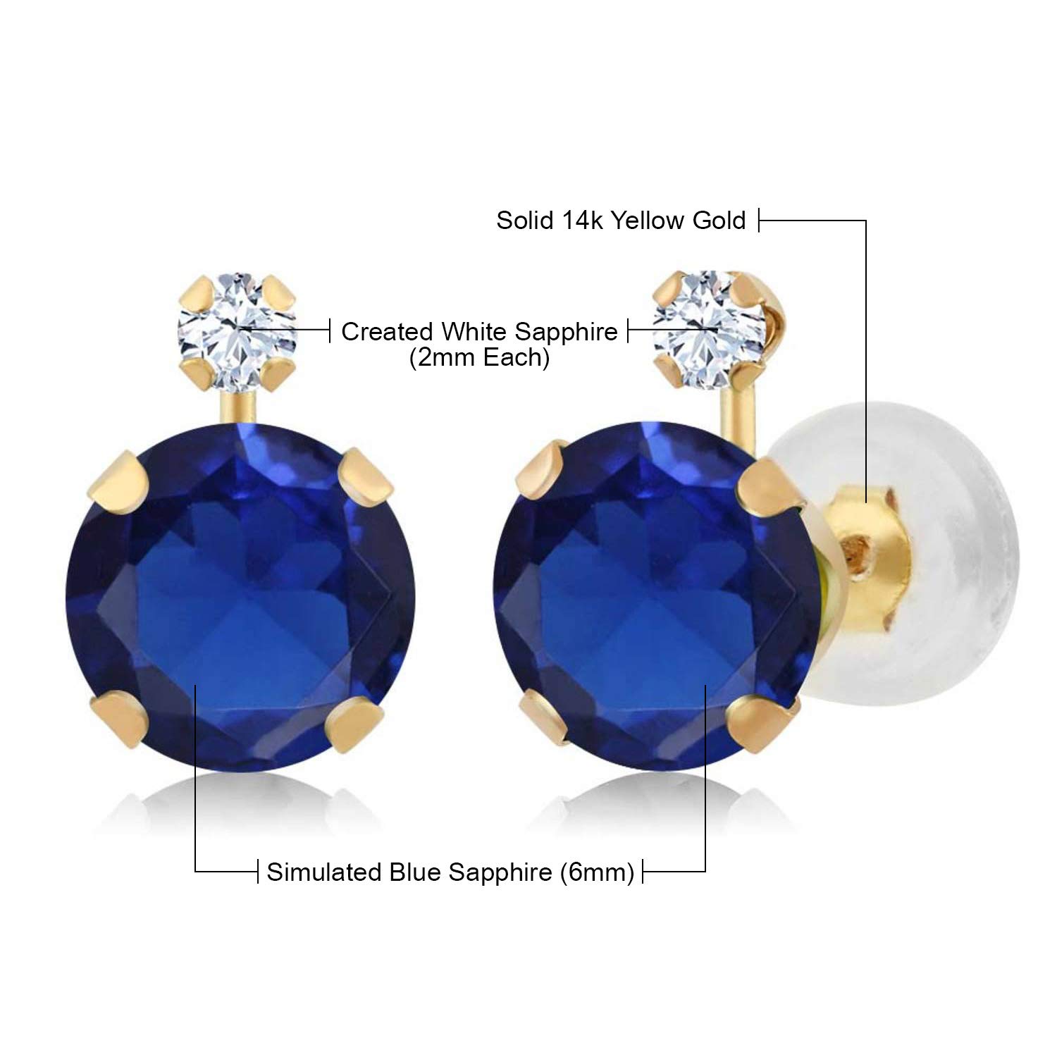 Gem Stone King 14K Yellow Gold Blue and White Created Sapphire Jewelry Earrings For Women (2.08 Cttw, Round 6MM+2MM)